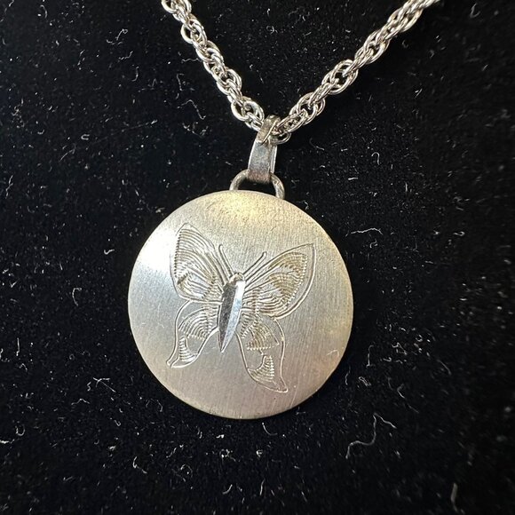 Jewelry | Vintage Pewter Engraved Round Pendant With Butterfly | Poshmark